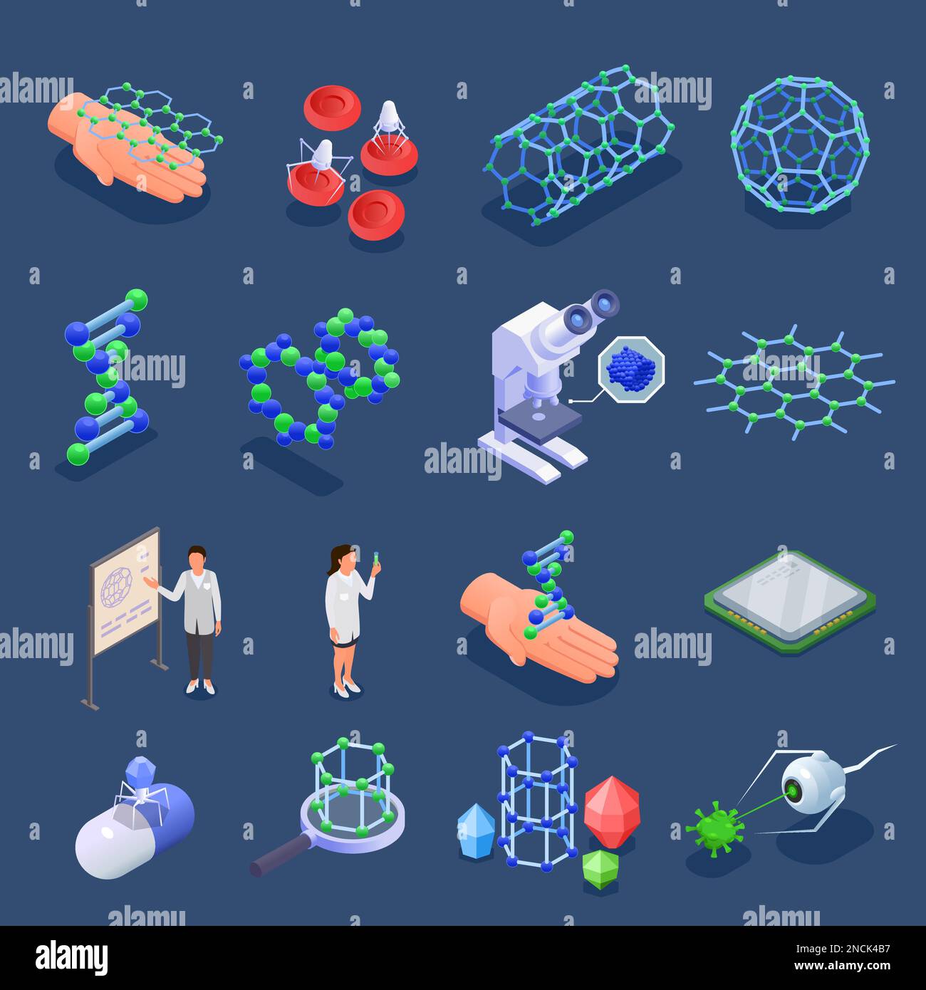 Nanotech Isometric Set With Isolated Icons Of Molecular Grid Structures