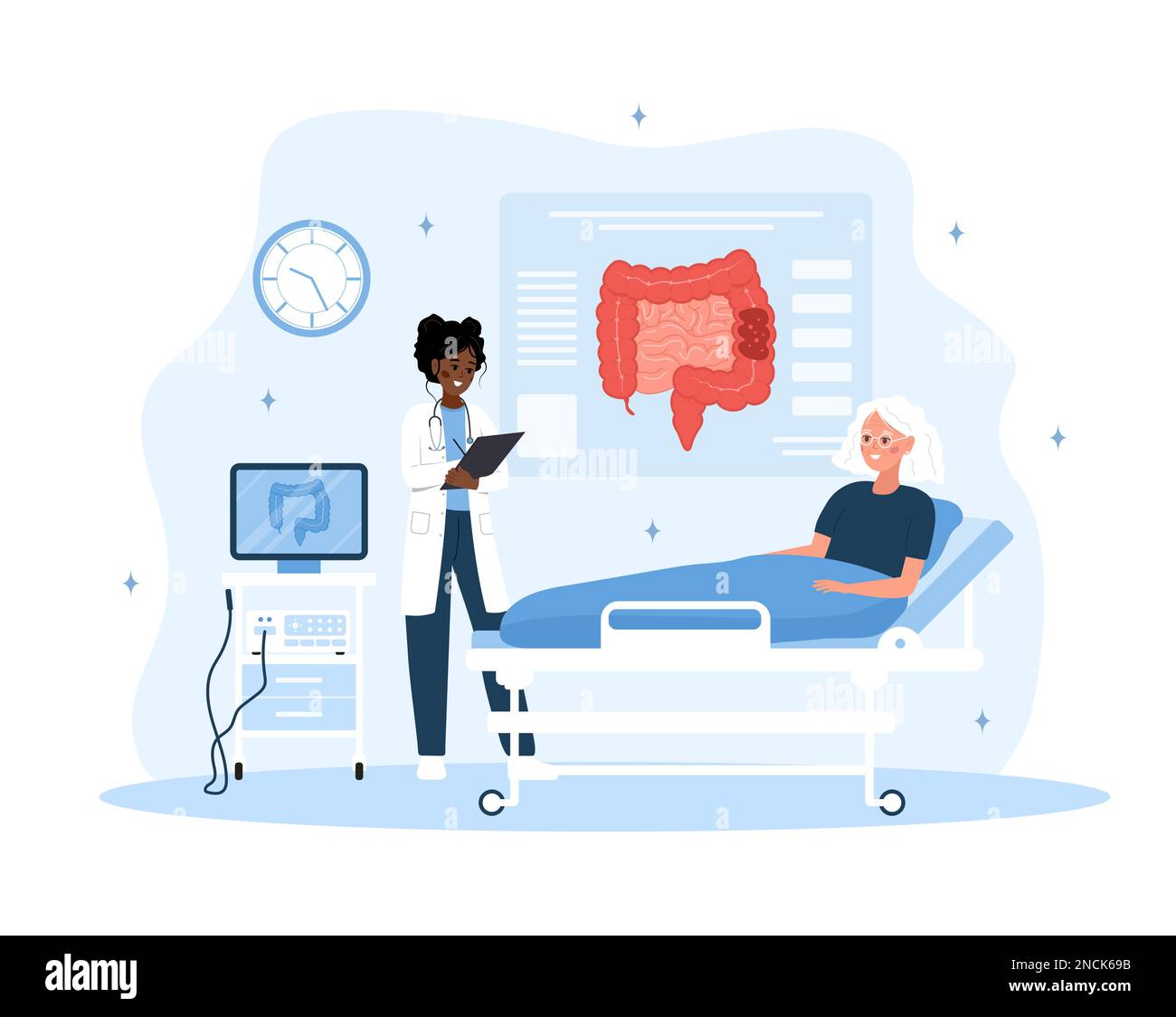 Colonoscopy concept. African female proctologist examine intestine ...