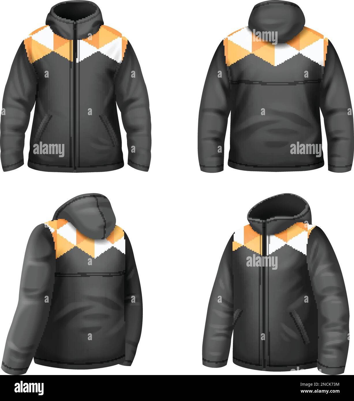 Male black yellow and white winter jacket realistic set with front and ...