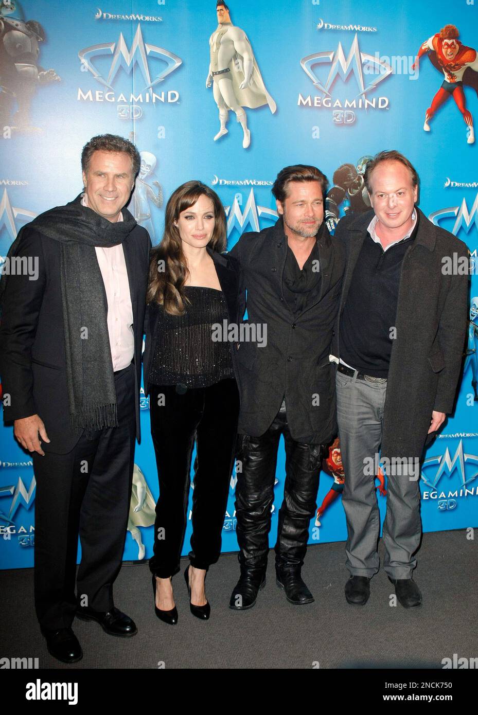 U.S actors from left, Will Ferrell, Angelina Jolie, Brad Pitt, with US Director Tom McGrath ...