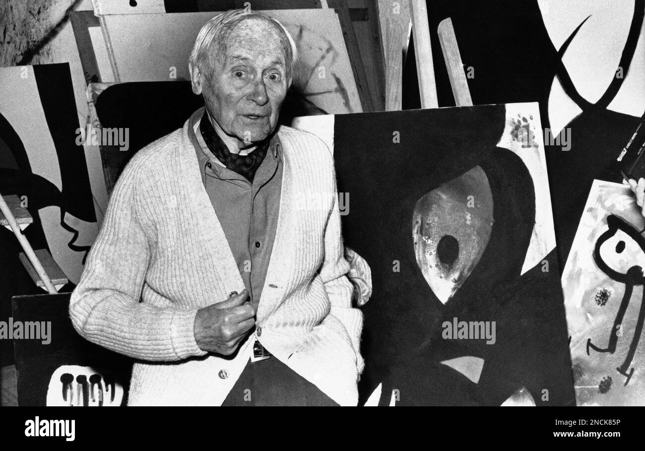 Spanish artist Joan Miro, who will be 85, beside unfinished work in his ...