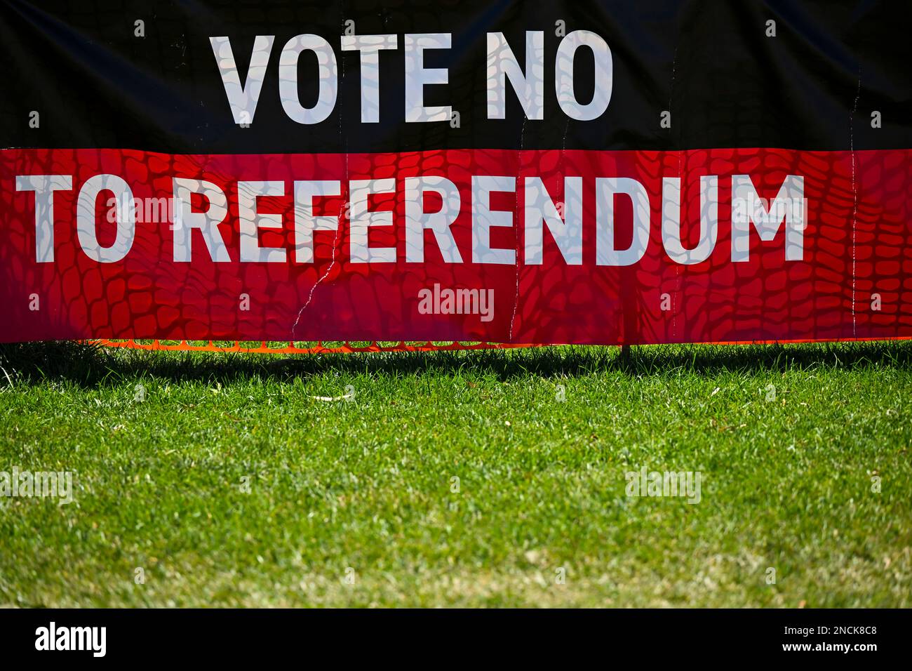 A banner reading ‘Vote No to Referendum’ is seen at the Aboriginal tent ...
