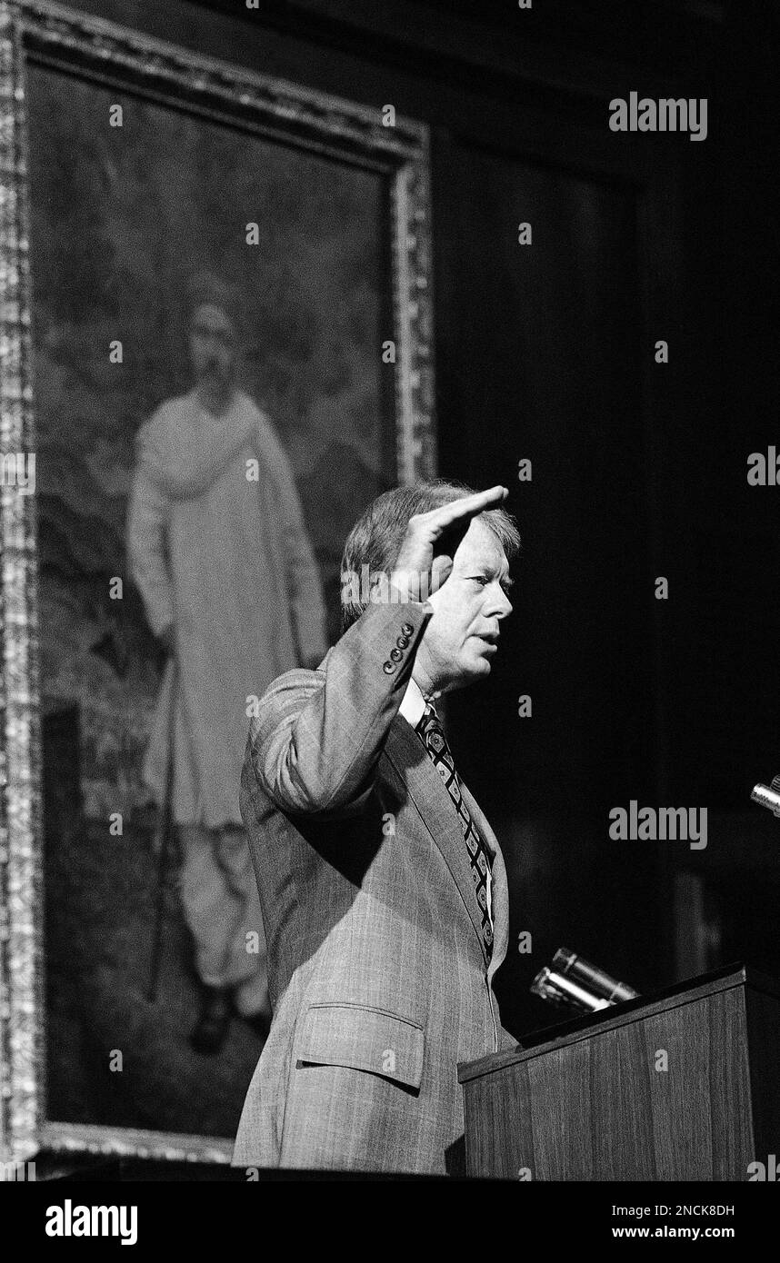 President Jimmy Carter gestures as he addresses the Indian Parliament ...