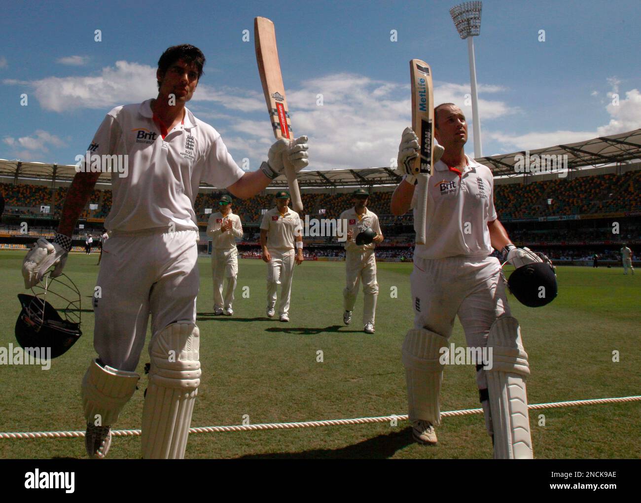 Engalnd's not out batsmen Alistair Cook, left, and Jonathan Trott ...