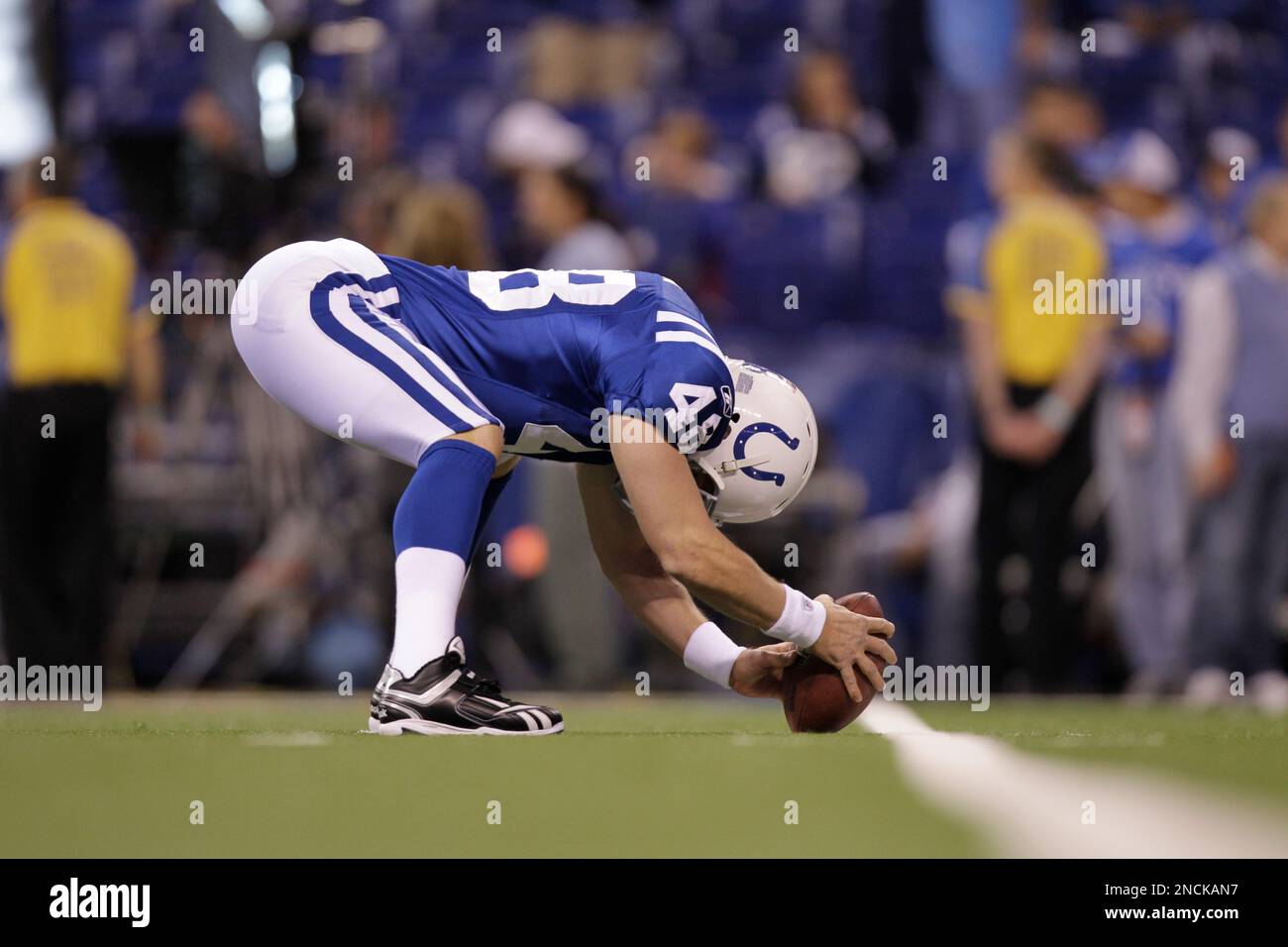 Indianapolis Colts long snapper Justin Snow snaps the ball during warm ...