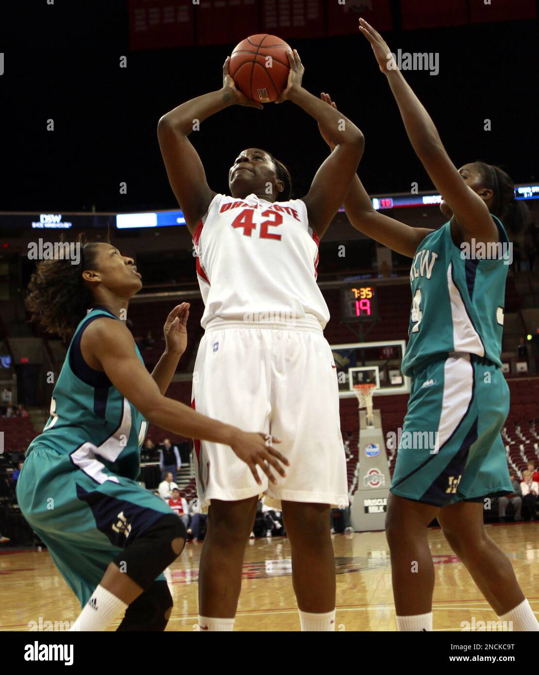Ohio State's Jantel Lavender (42) shoots over UNC Wilmington's Jessica ...