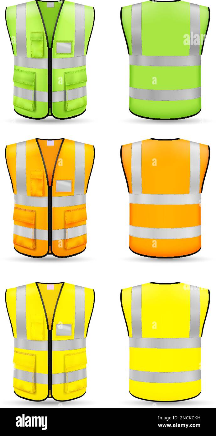 Front and rear view of realistic vest mock up of green orange and ...