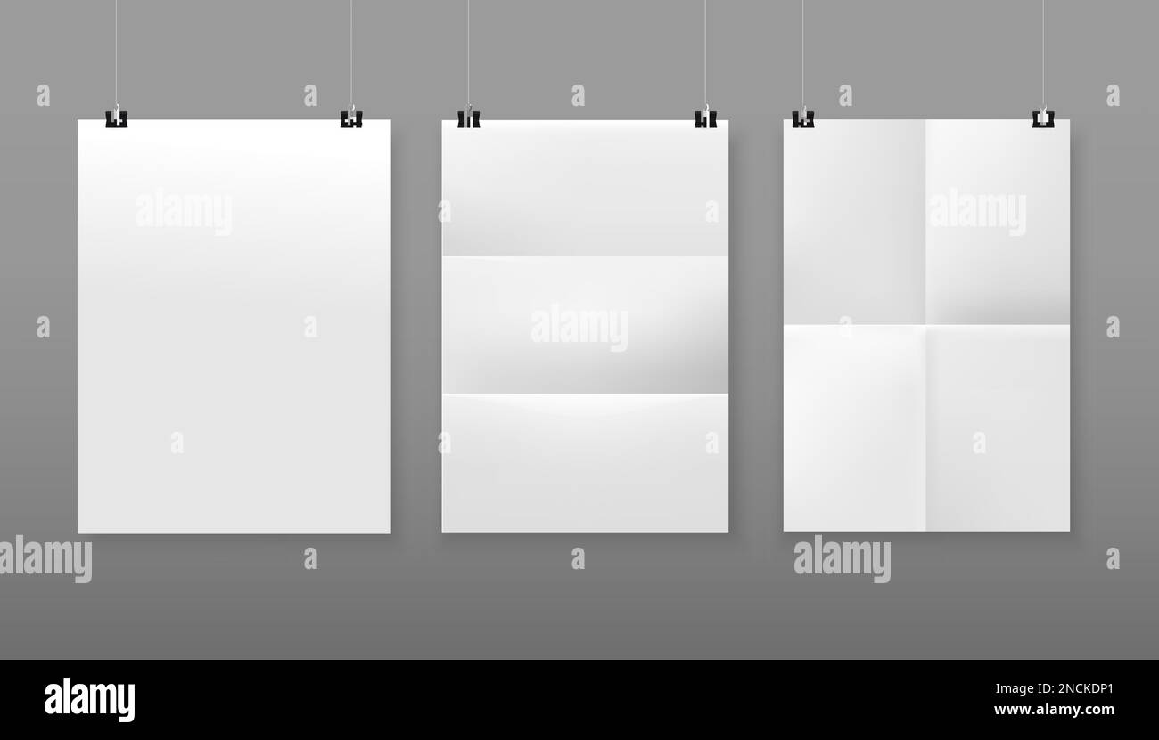 Blank white paper isolated posters in a4 portrait format hanging on ...