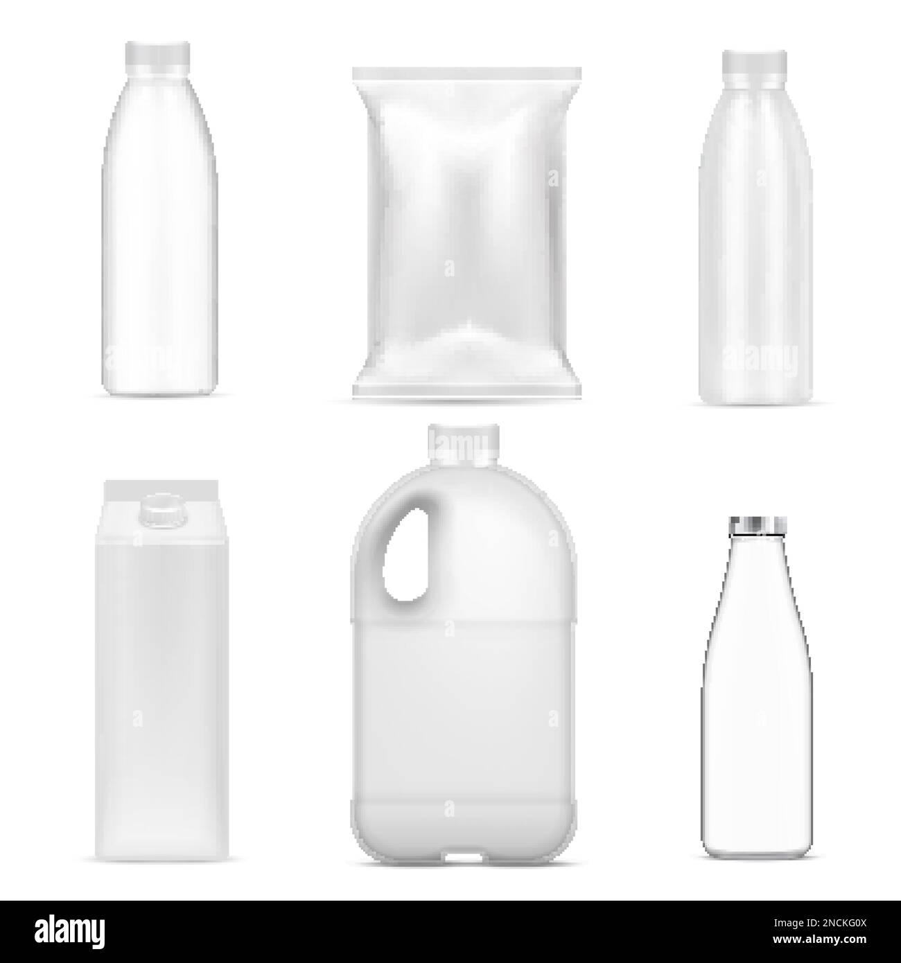 Milk tare realistic set of glass and plastic packages isolated on white ...