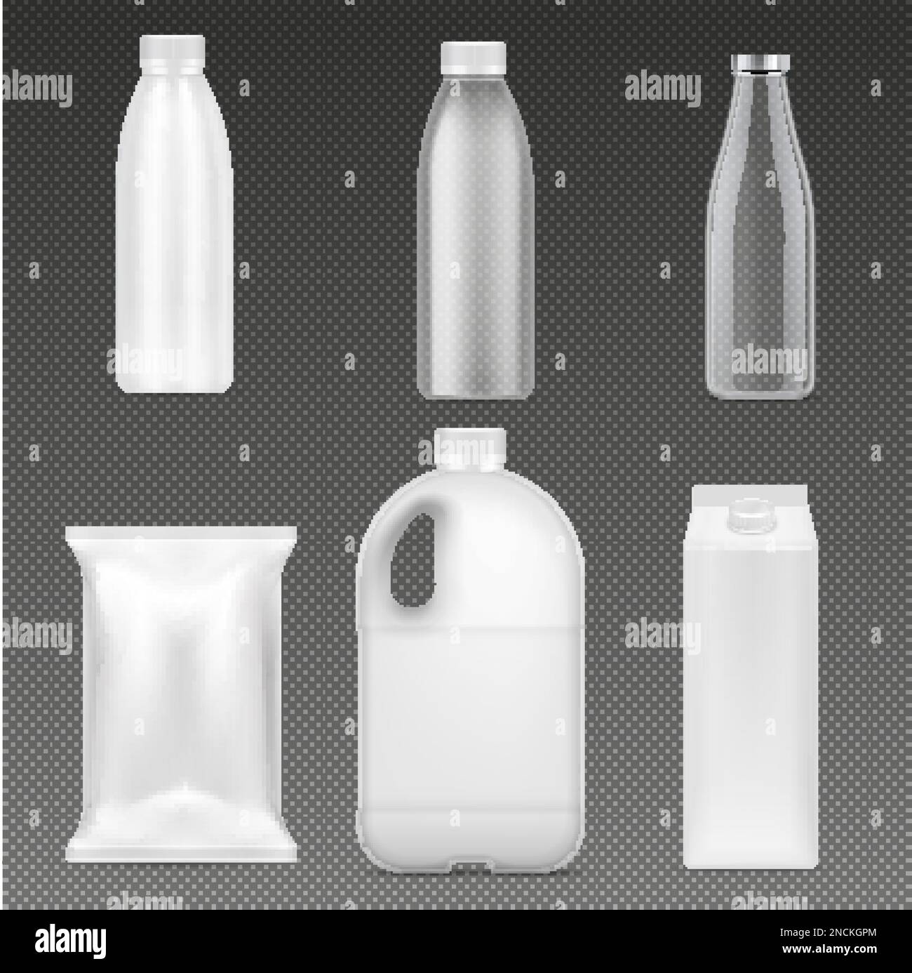 Milk packages realistic set of glass bottles with cover and plastic ...
