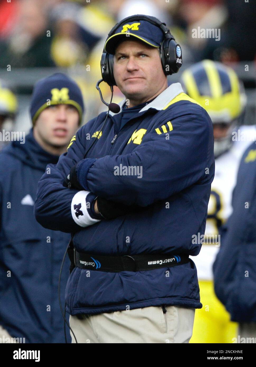 Michigan head coach Rich Rodriguez watches from the sidelines as his ...