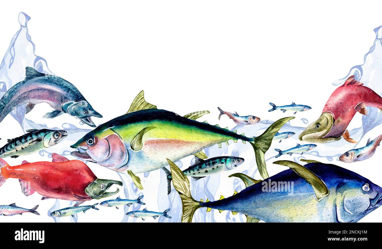 Seamless banner of fish swimming and sea wave watercolor illustration ...