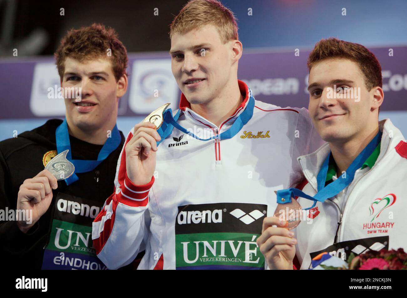 From left to right, Germany's Tim Wallburger, silver, Austria's Dinko Jukic, gold, and Hungary's ...