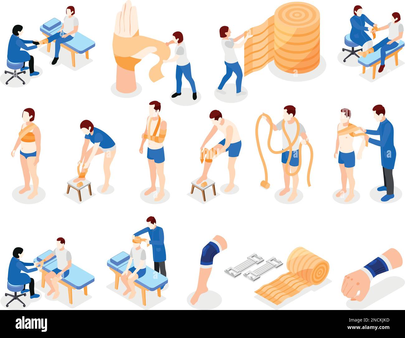 Elastic bandage application isometric icons set with human characters ...