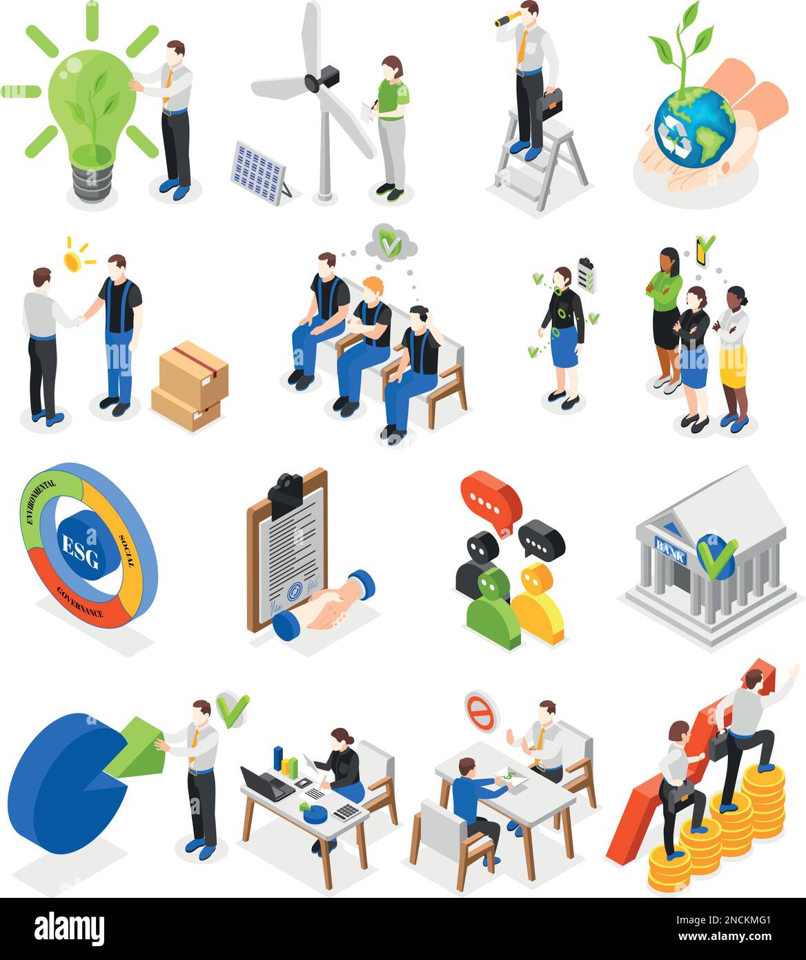 Esg environmental social governance concept isometric icons set with alternative energy sources ...