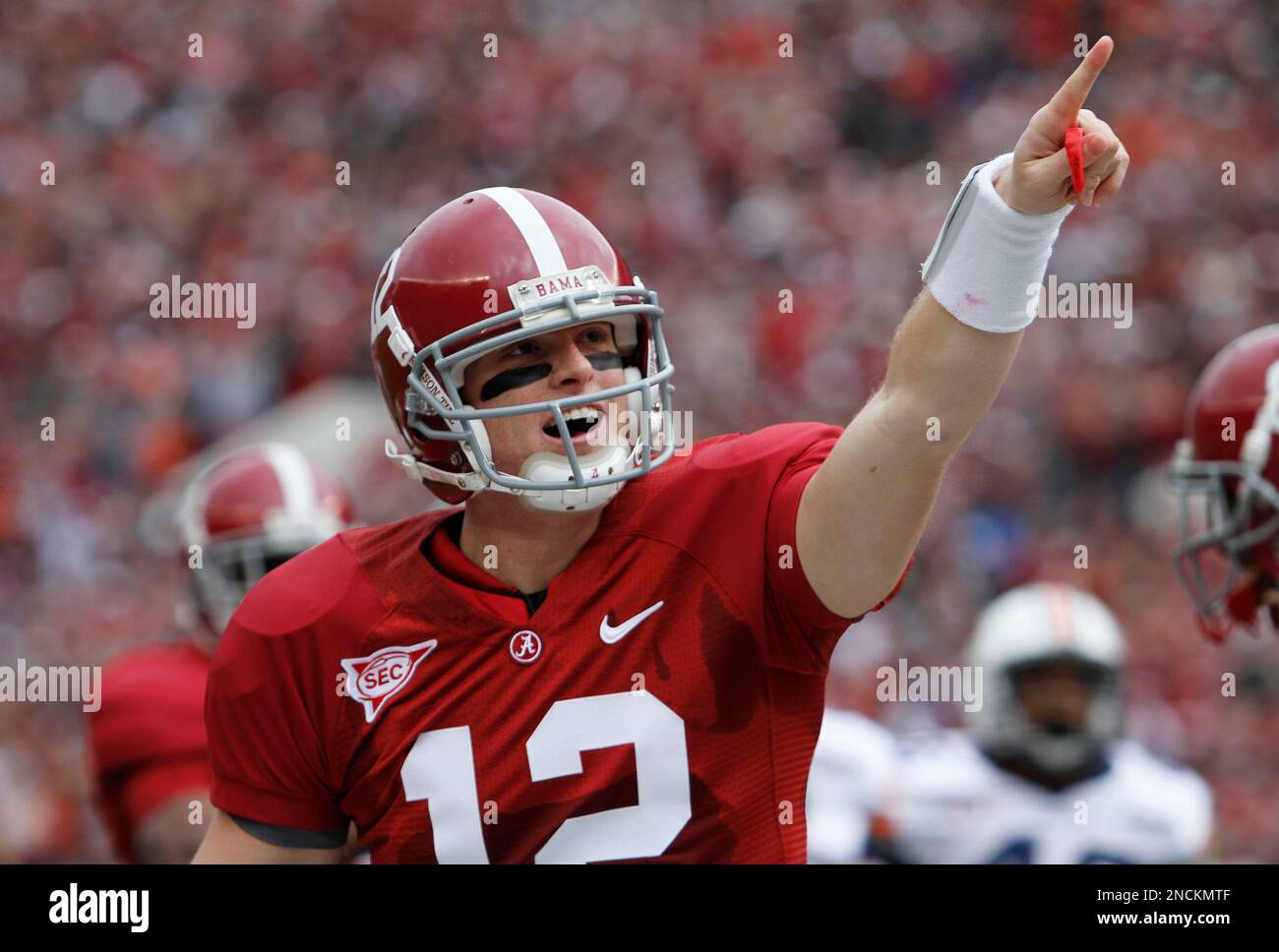 Alabama quarterback Greg McElroy (12) reacts after a Crimson Tide score ...