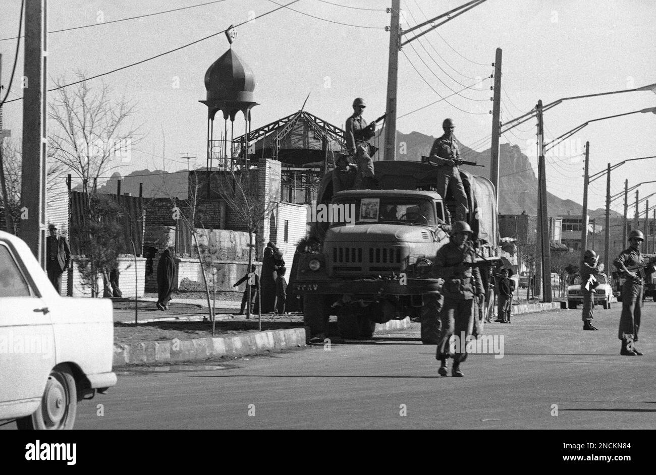 Heavily armed soldiers on guard in Isfahan, Iran Dec. 14, 1978, central ...