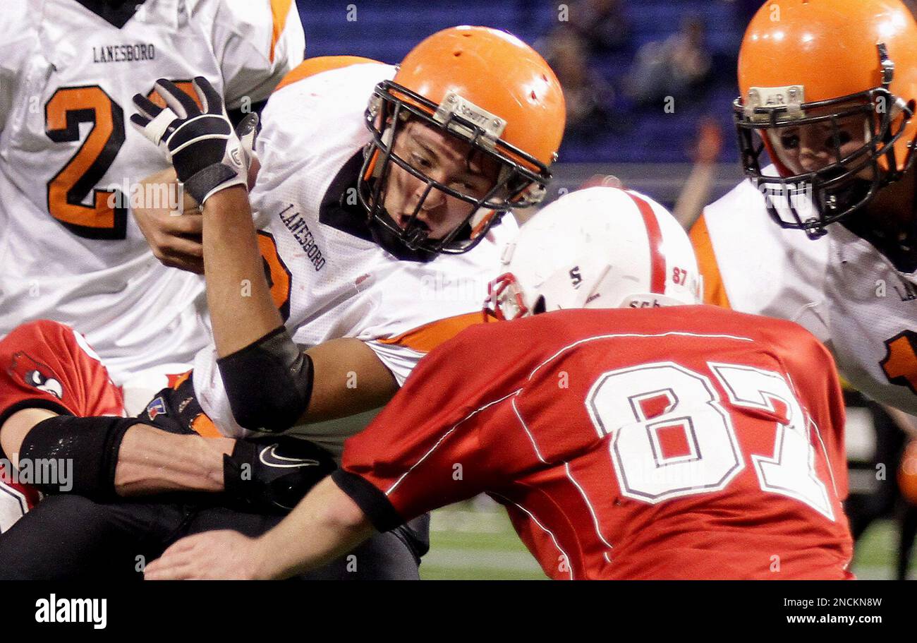 Lanesboro Burros quarterback Lucas Johnson (6) is tackled by Cromwell ...
