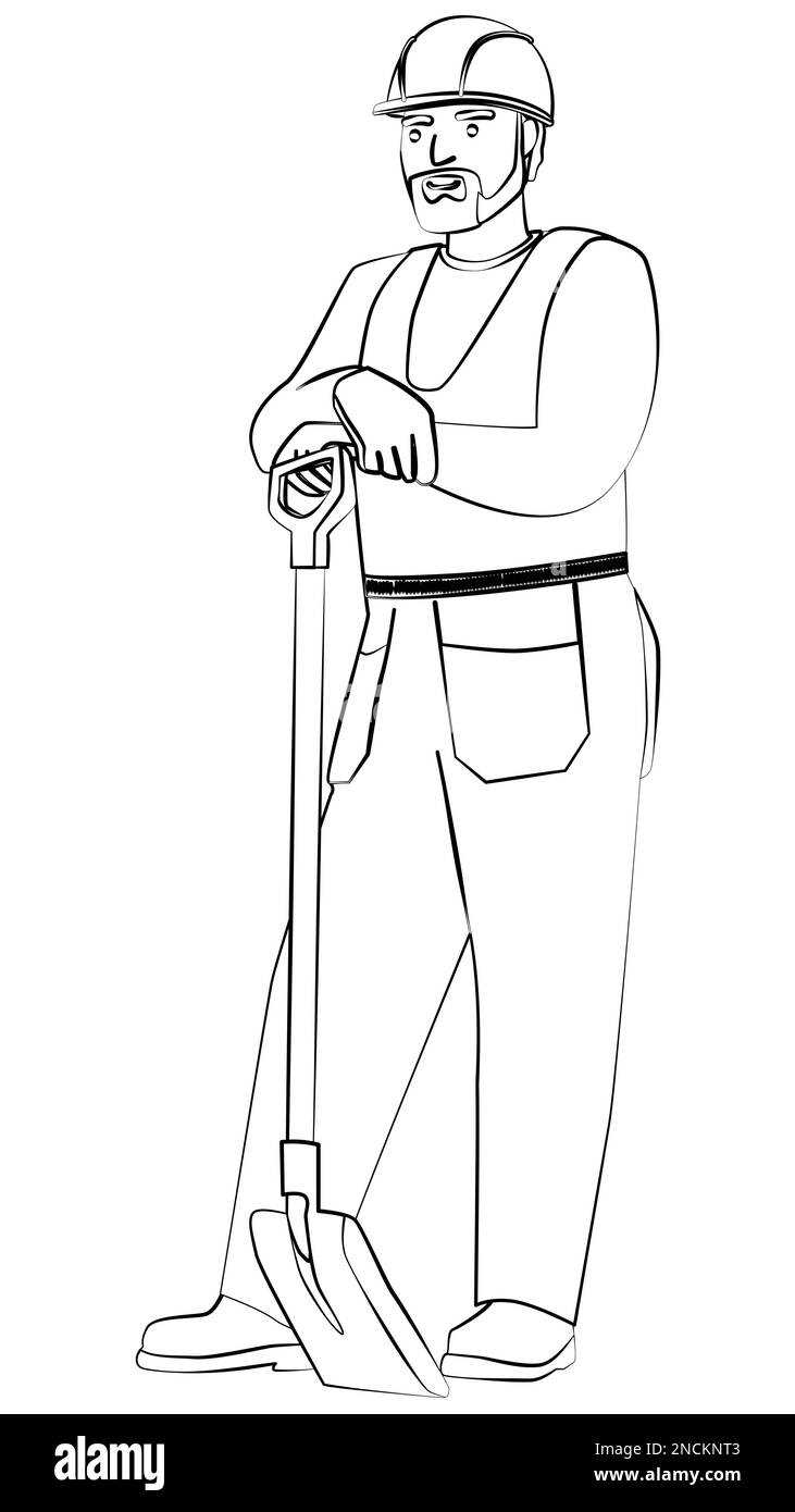 Outline of man in work clothes and hard hat stands leaning on shovel ...