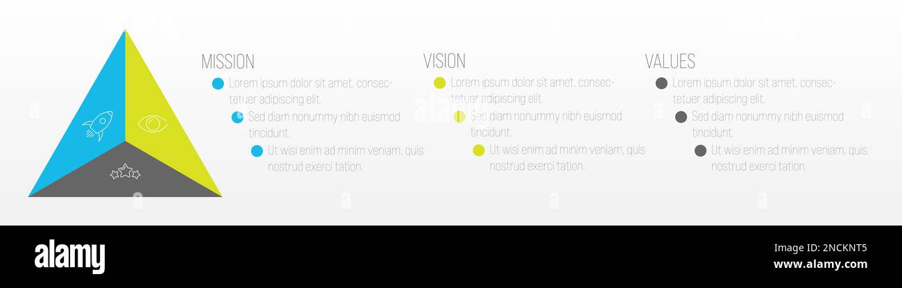 Mission, vision and values. Triangle divided to three parts in the ...