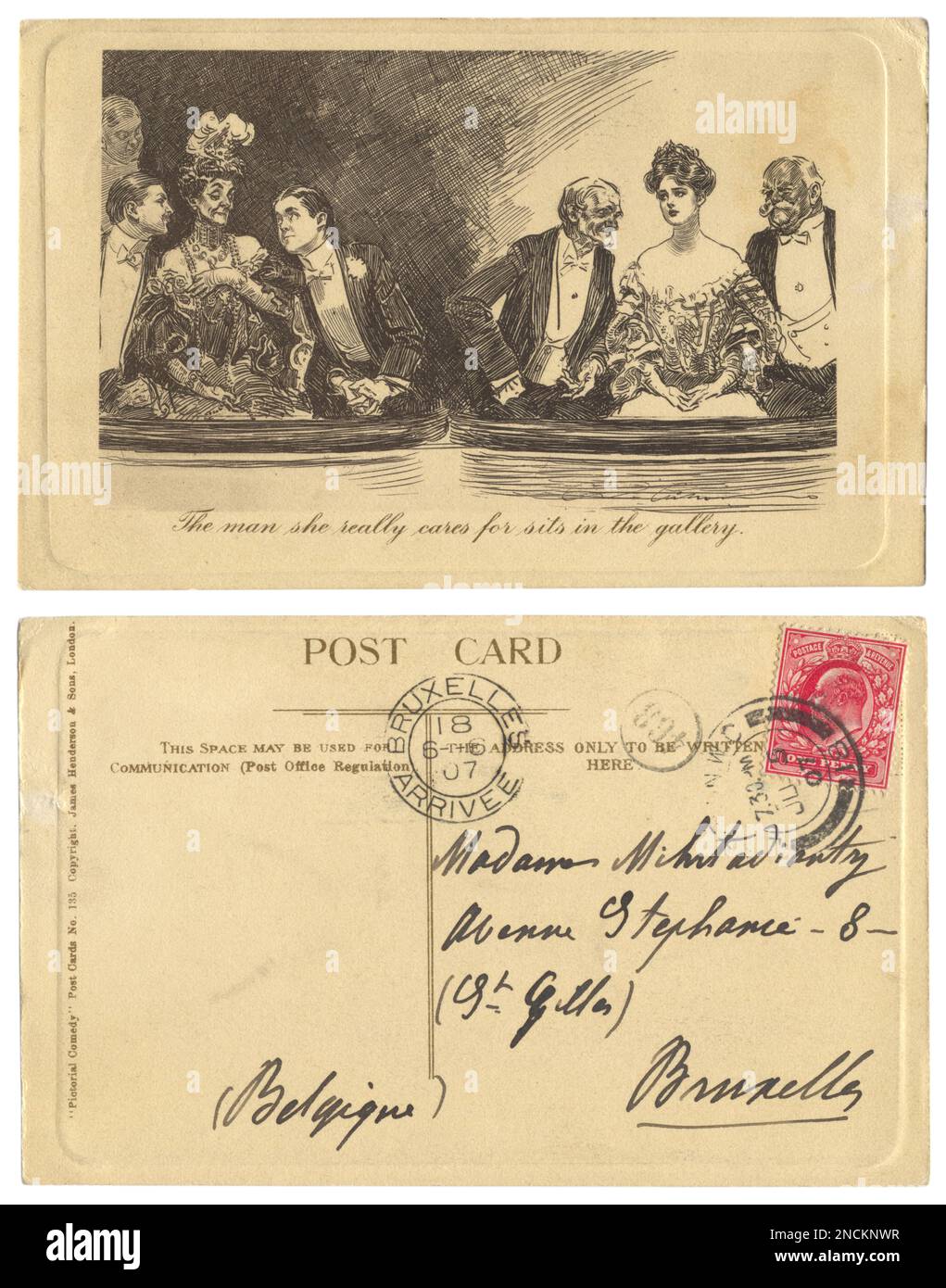 English historical postcard: "The man she really cares for sits in the ...