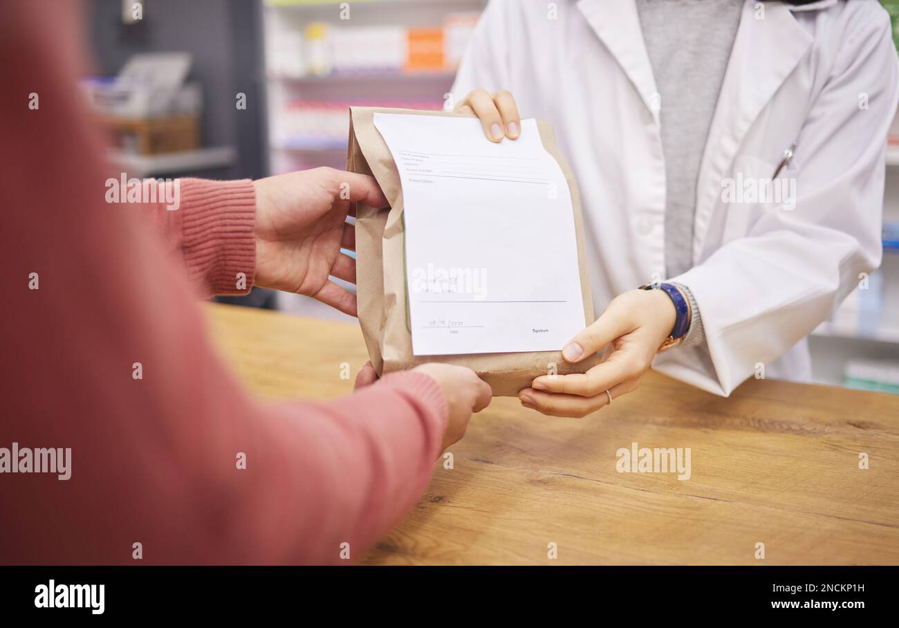Pharmacy, medicine bag and pharmacist hand for customer services ...