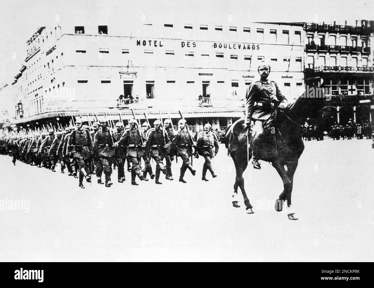 German infantry regiment goose-stepping in a Brussels parade August ...