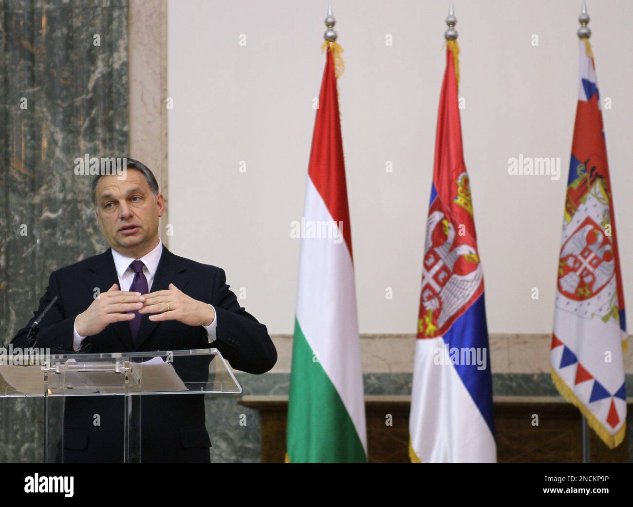 Hungary's Prime Minister Viktor Orban, speaks and gestures during a ...