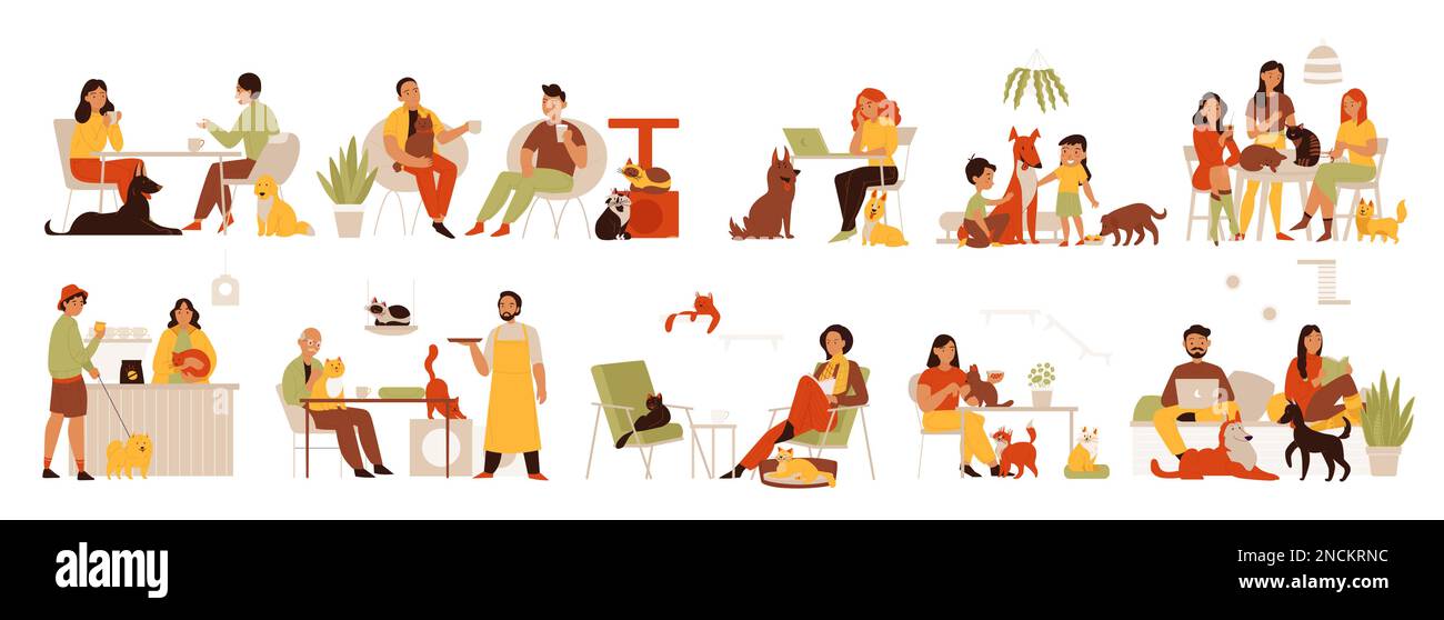 Pets cafe color set with isolated compositions scenes with people ...
