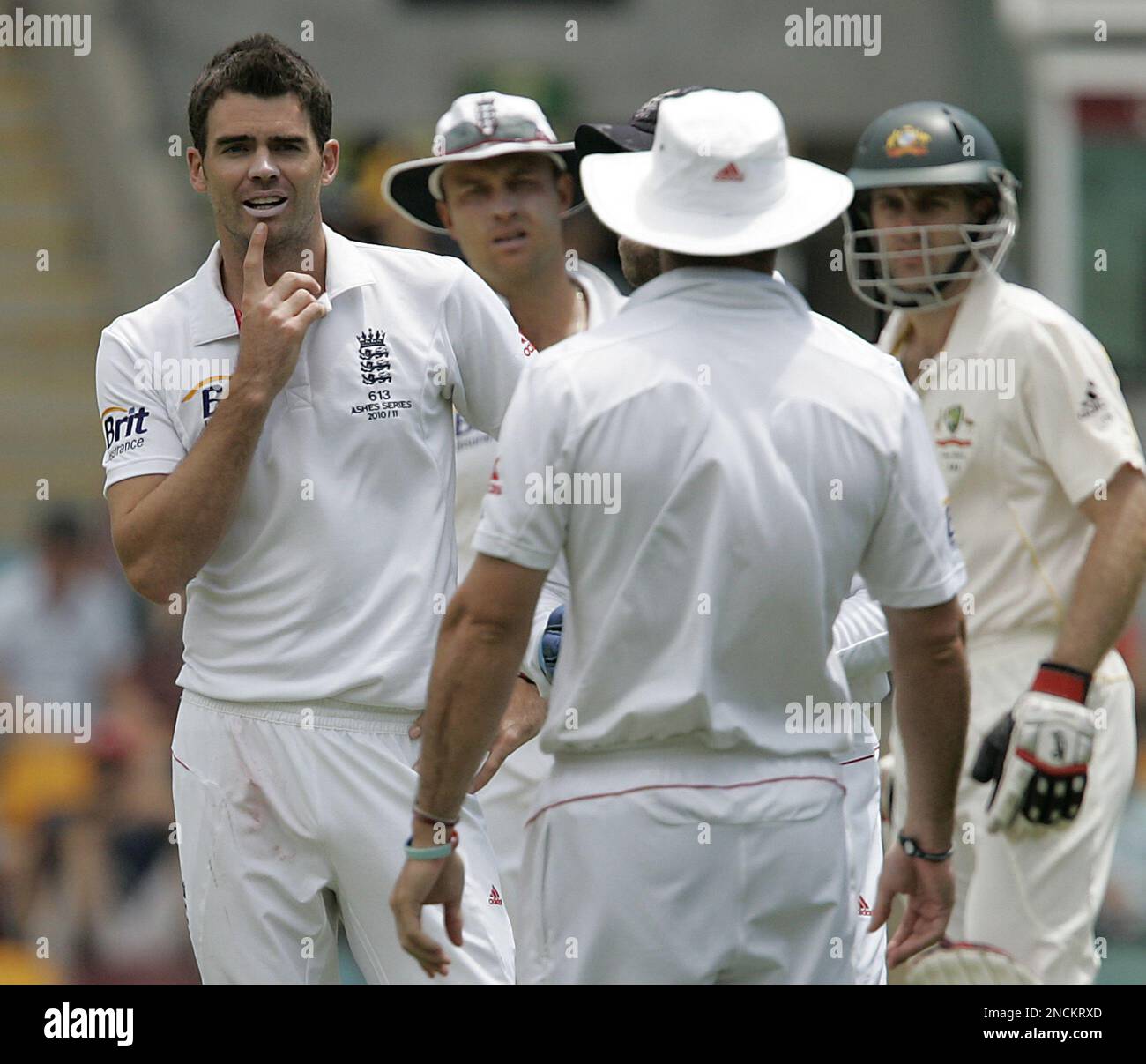 England's James Anderson, left, reacts after appealing without success ...