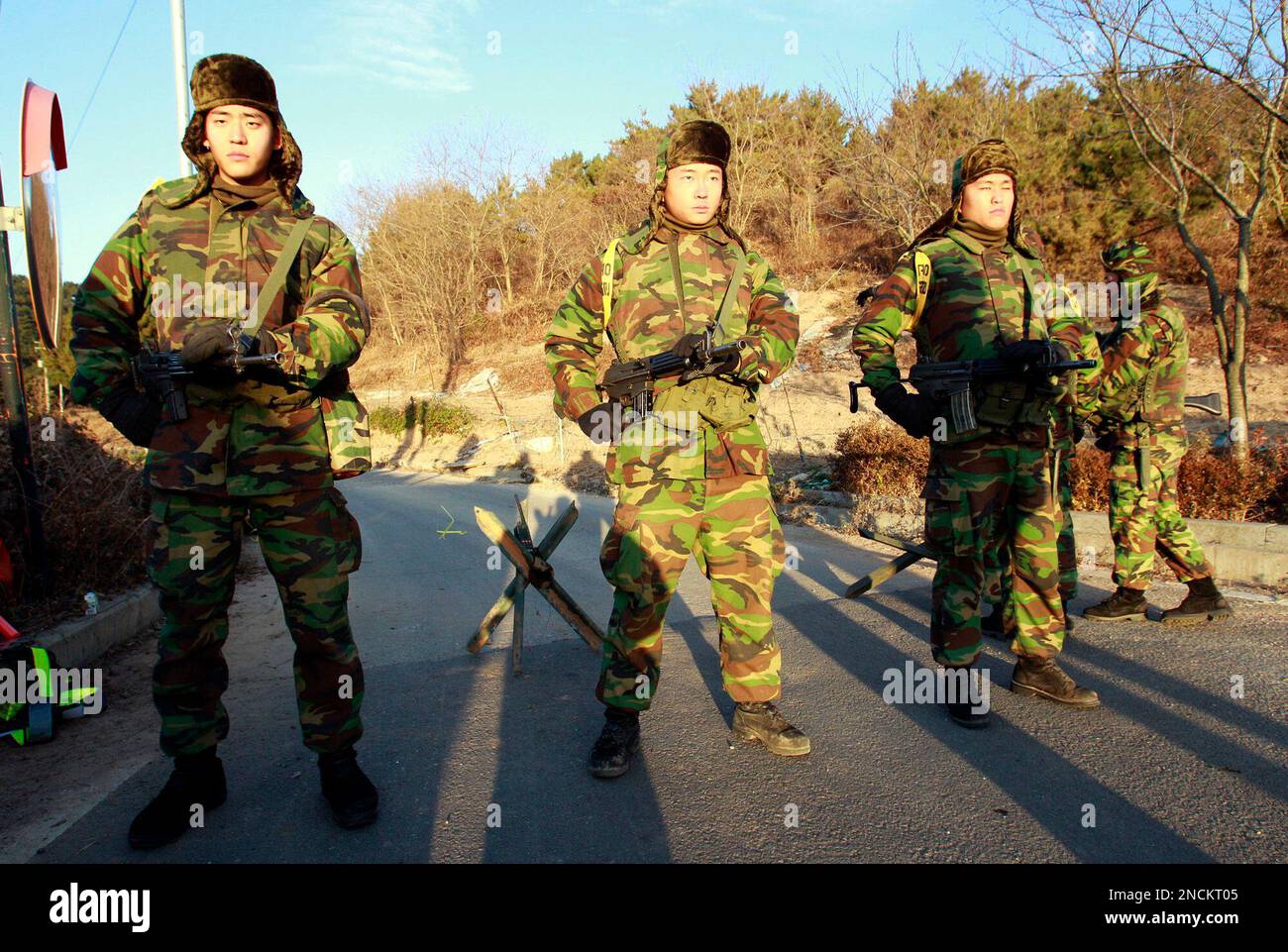 South Korean marines stand guard on the Yeonpyeong Island, South Korea ...