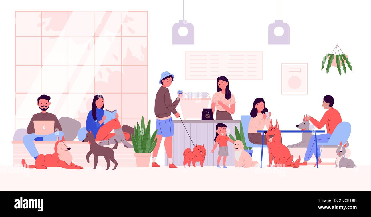 Pets dogs cafe composition with indoor view of cafeteria with doodle ...