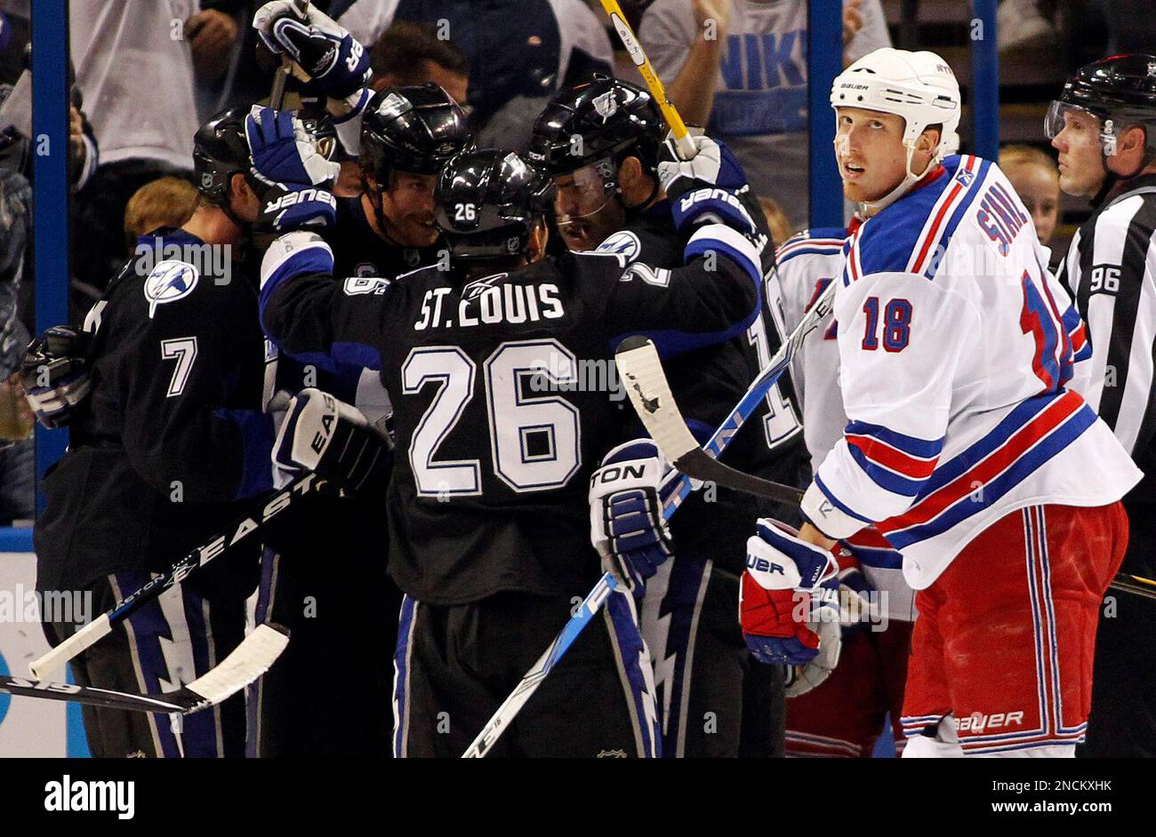 New York Rangers' Marc Staal (18) reacts as members of the Tampa Bay ...
