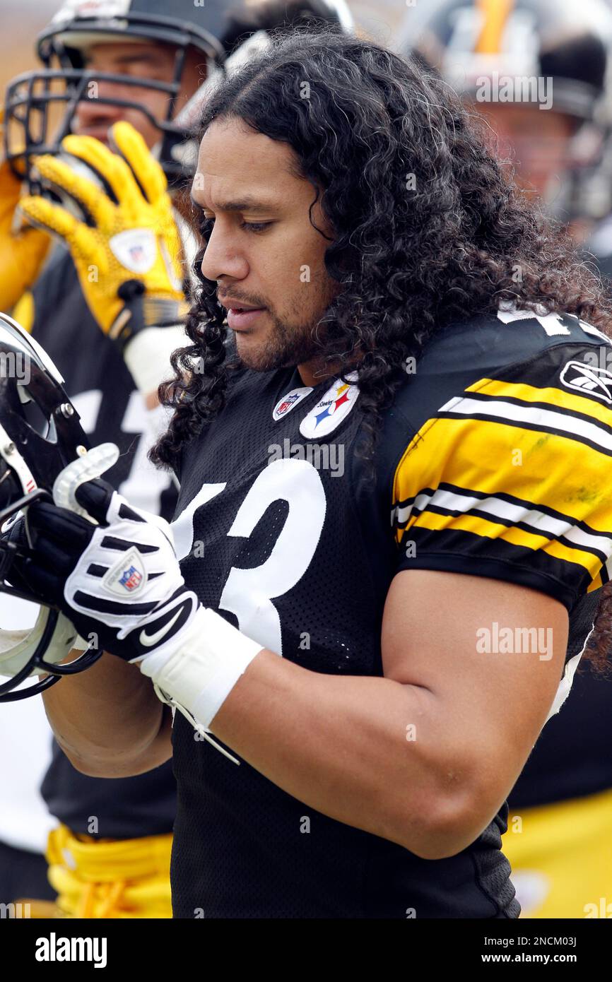 Pittsburgh Steelers safety Troy Polamalu (43) stands on the sidelines ...