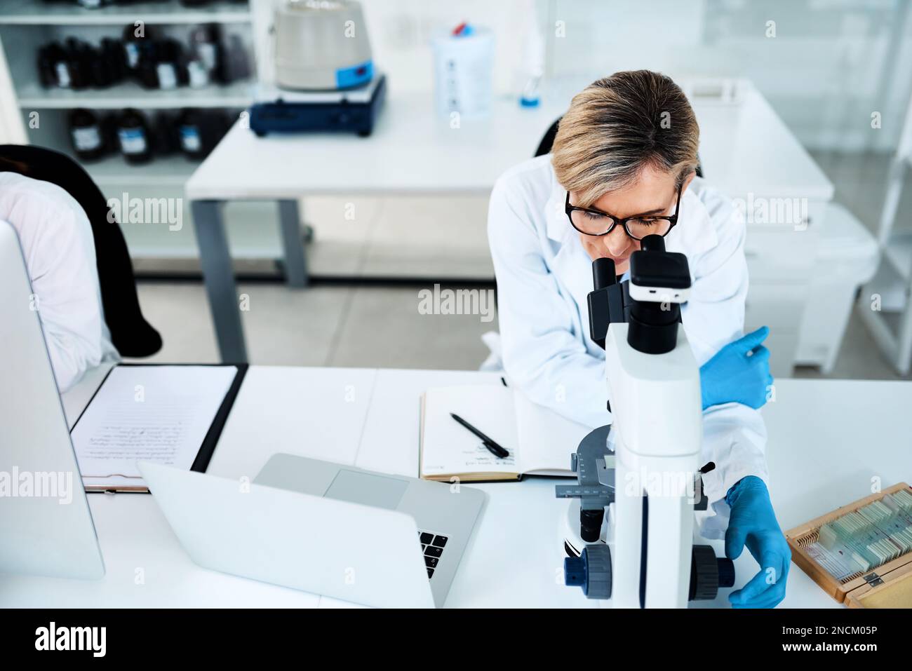 The scope of her research is quite vast. a mature scientist using a ...