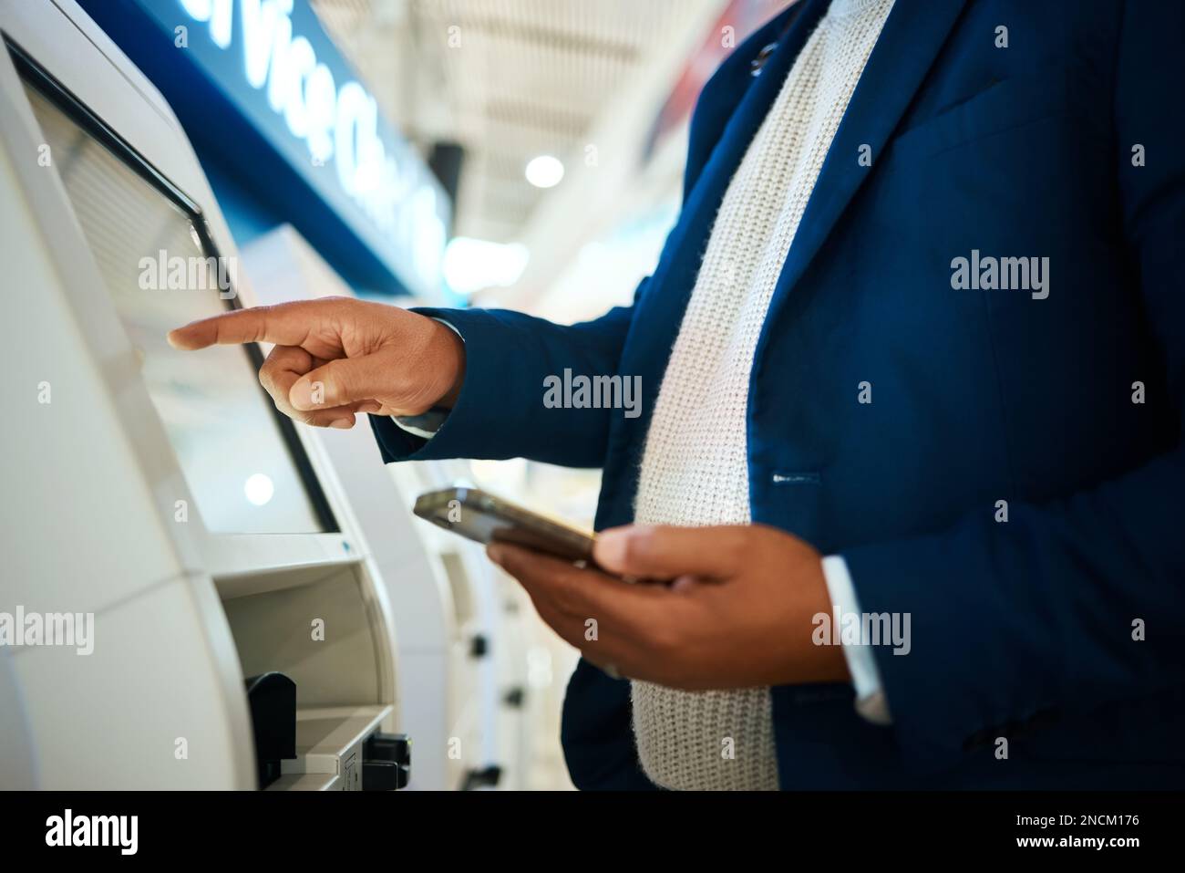 Check in, booking and hands of a man with a phone for travel, ticket ...