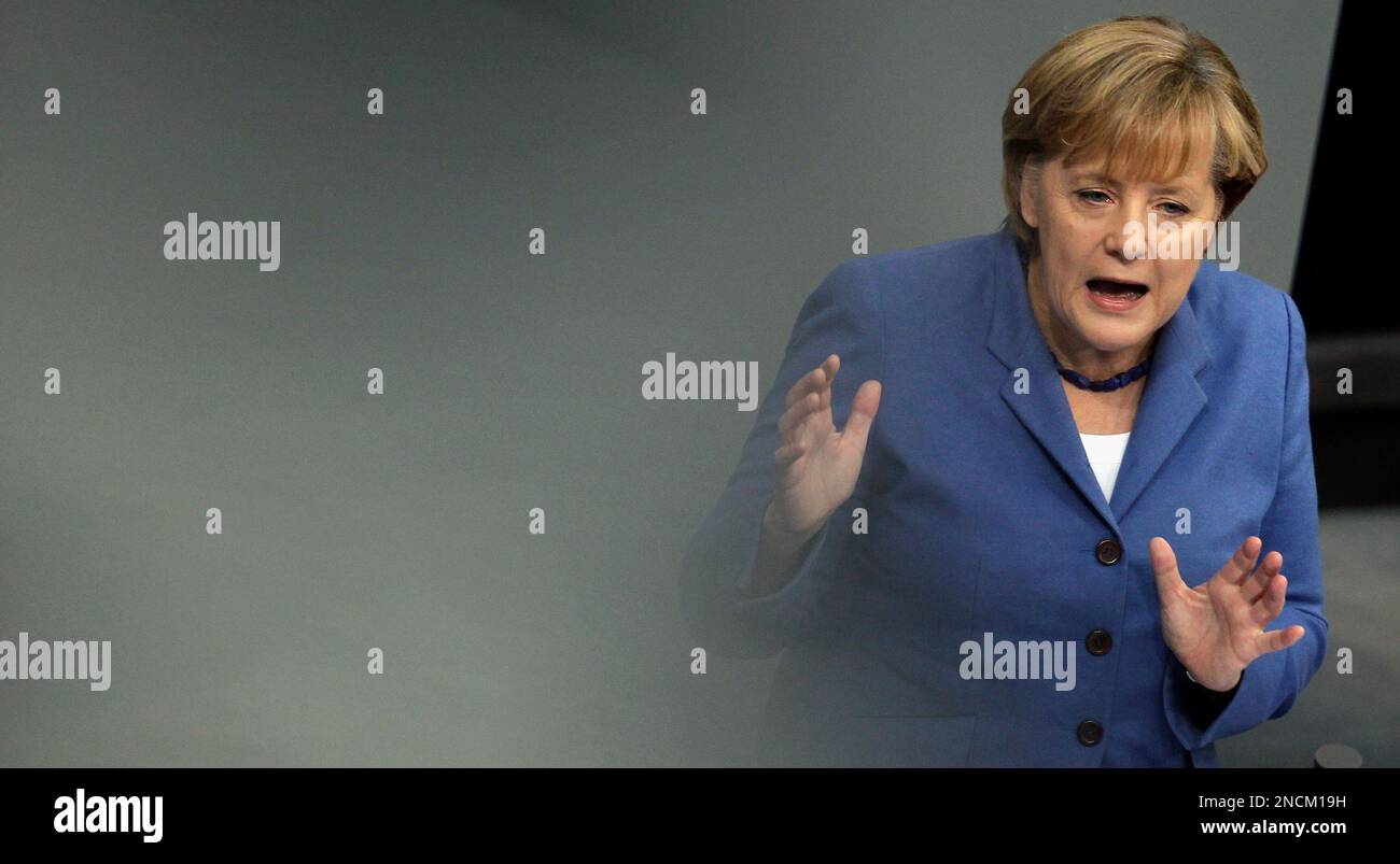 German Chancellor Angela Merkel gestures during her speech at a budget ...