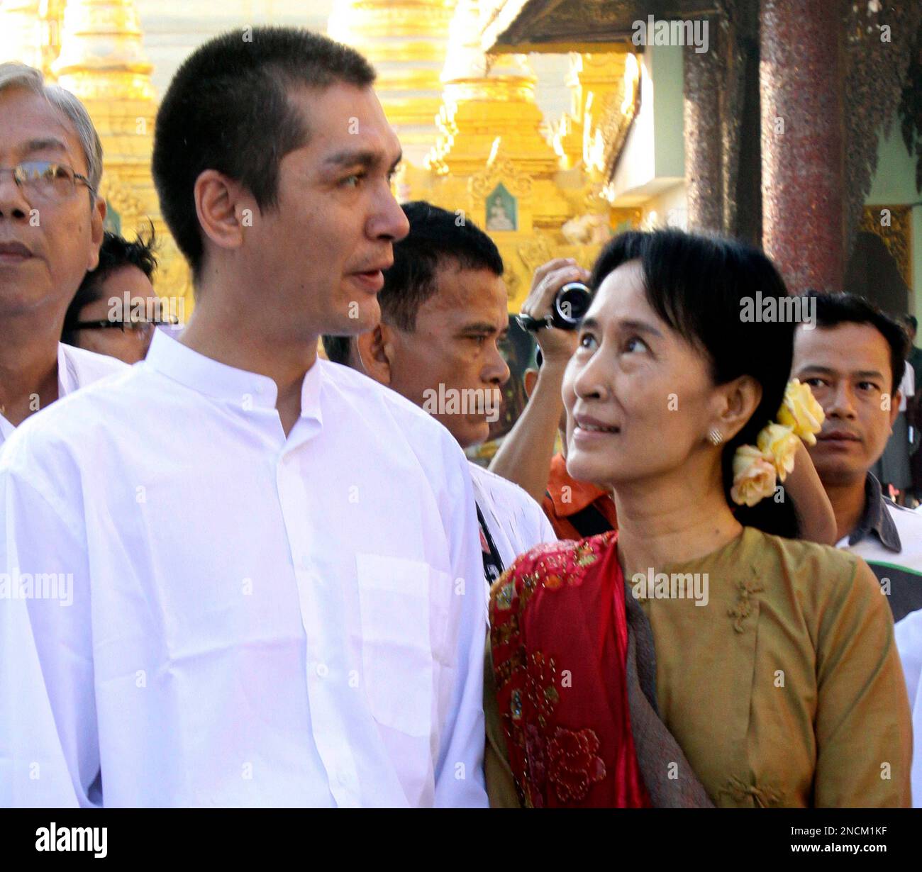 Myanmar's pro-democracy icon Aung San Suu Kyi, right, and her son Kim Aris visit Myanmar's fame ...