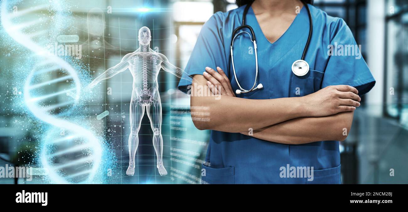 Woman doctor, healthcare and body hologram overlay for health, wellness ...