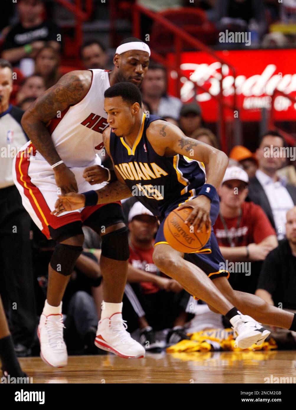 Indiana Pacers guard Brandon Rush drives up against Miami Heat forward ...