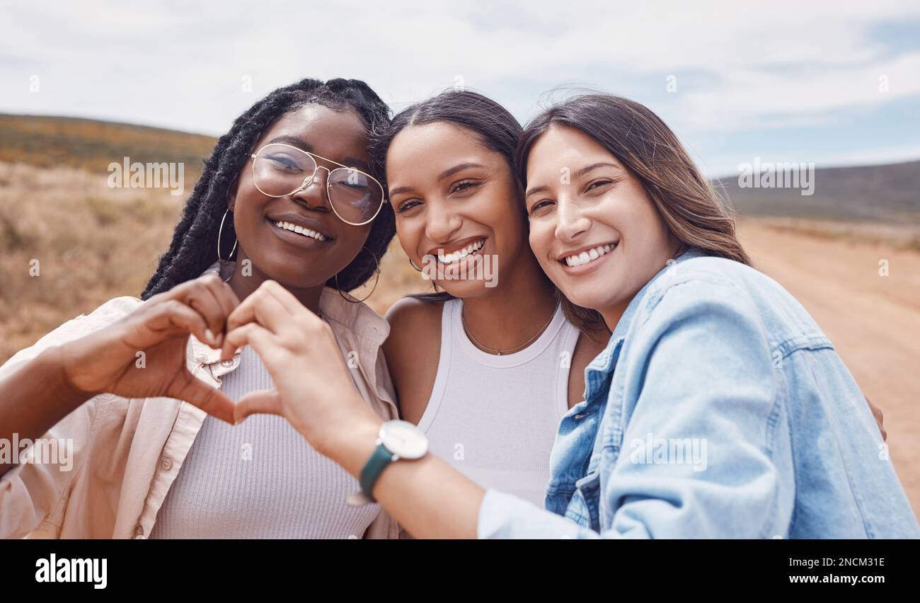 Love, portrait and women with heart hands for travel, bonding and ...