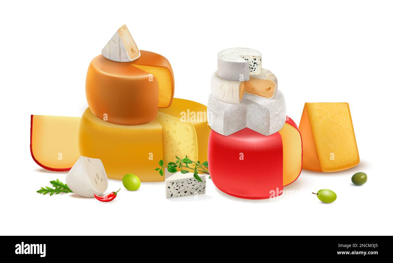 Realistic cheese colored composition with slices and blocks of ...