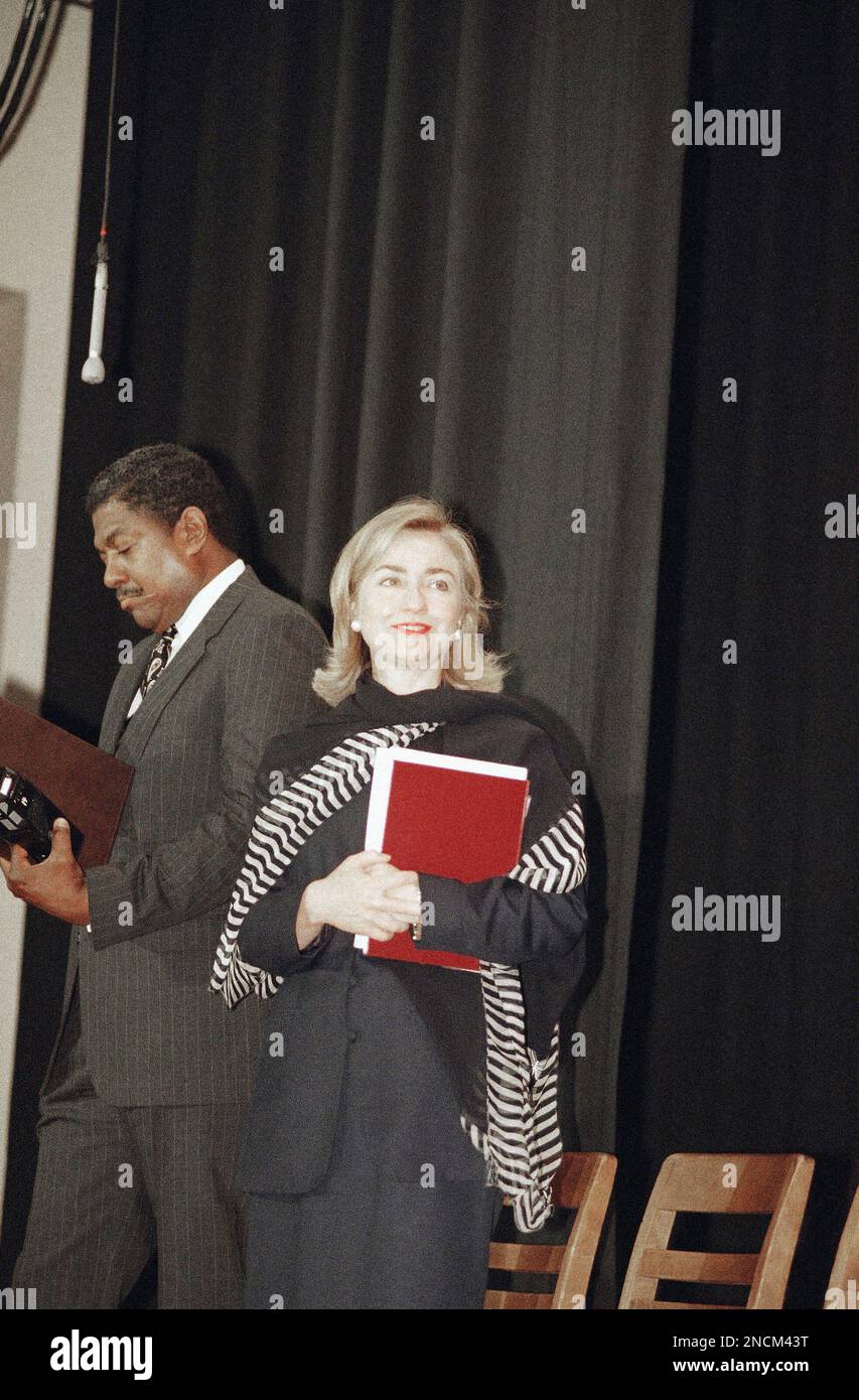 First lady Hillary Rodham Clinton leaves the podium after speaking ...