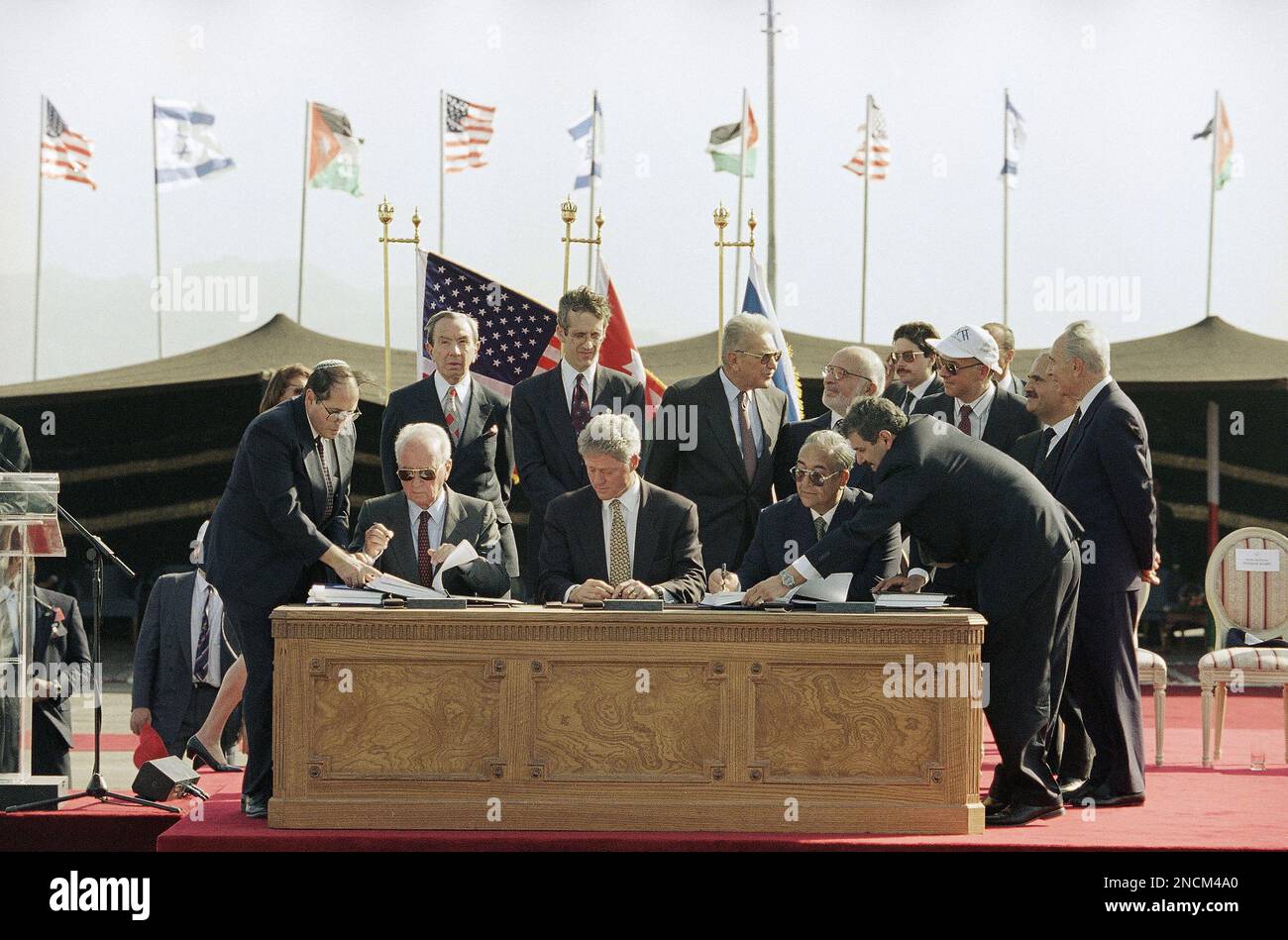 U.S. President Bill Clinton, center, Israeli Prime Minister Yitzhak ...