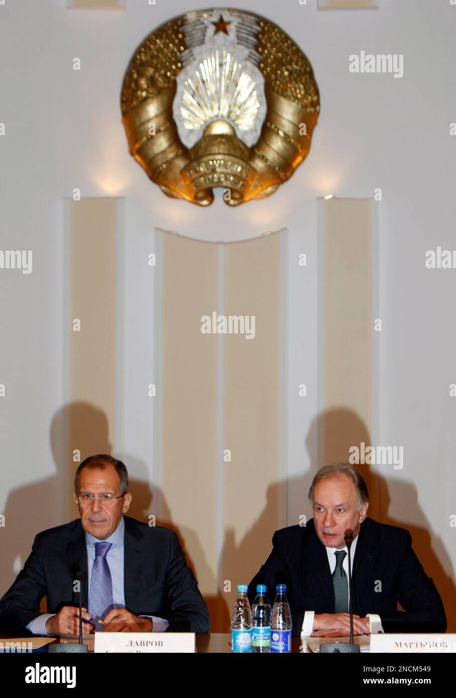Belarusian Foreign Minister Sergei Martynov, right, and his Russian ...