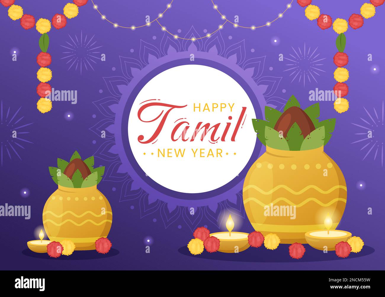 Happy Tamil New Year Illustration with Vishu Flowers, Pots and Indian ...