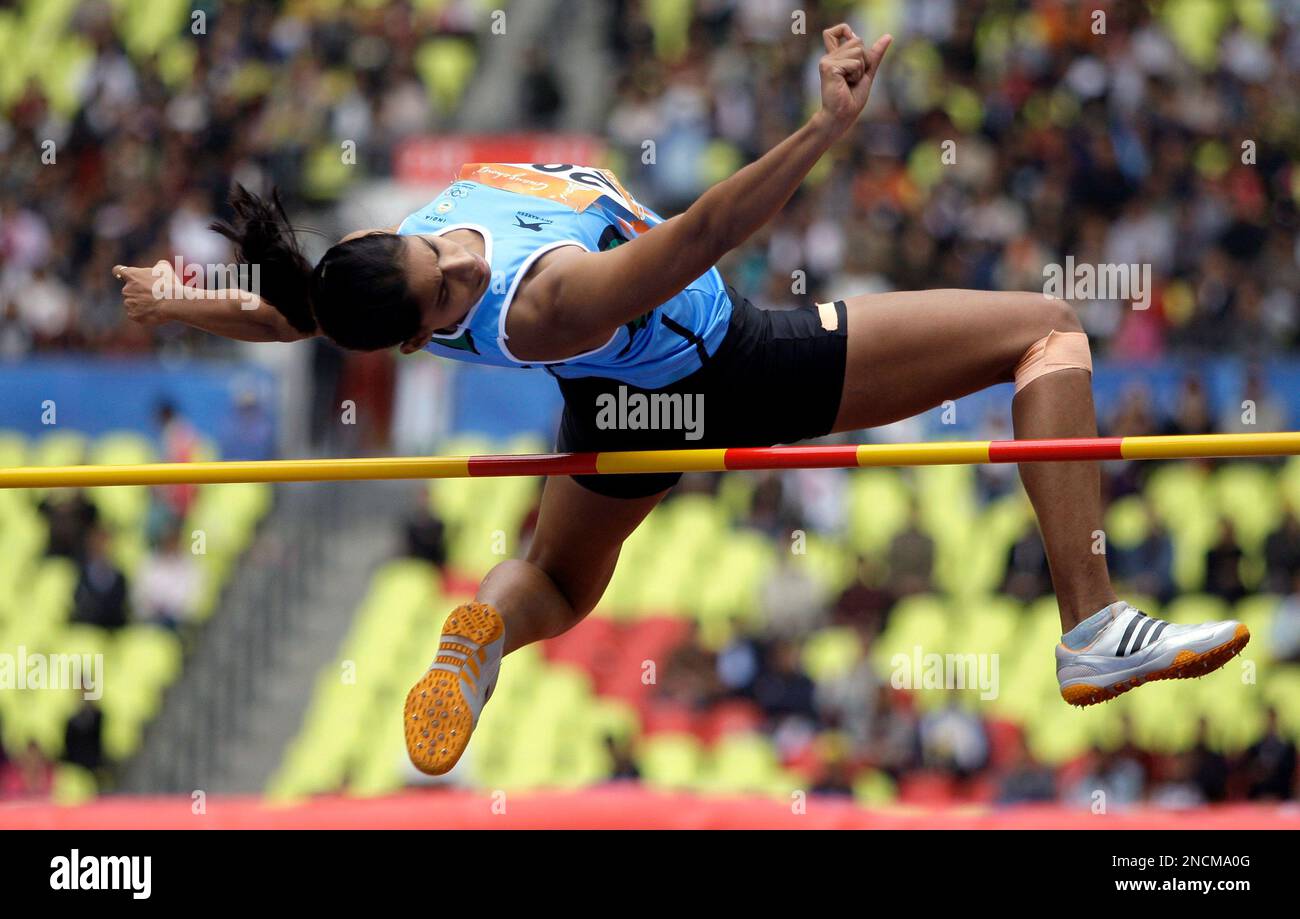 India's Susmita Singharoy competes in the women's Heptathlon High Jump ...