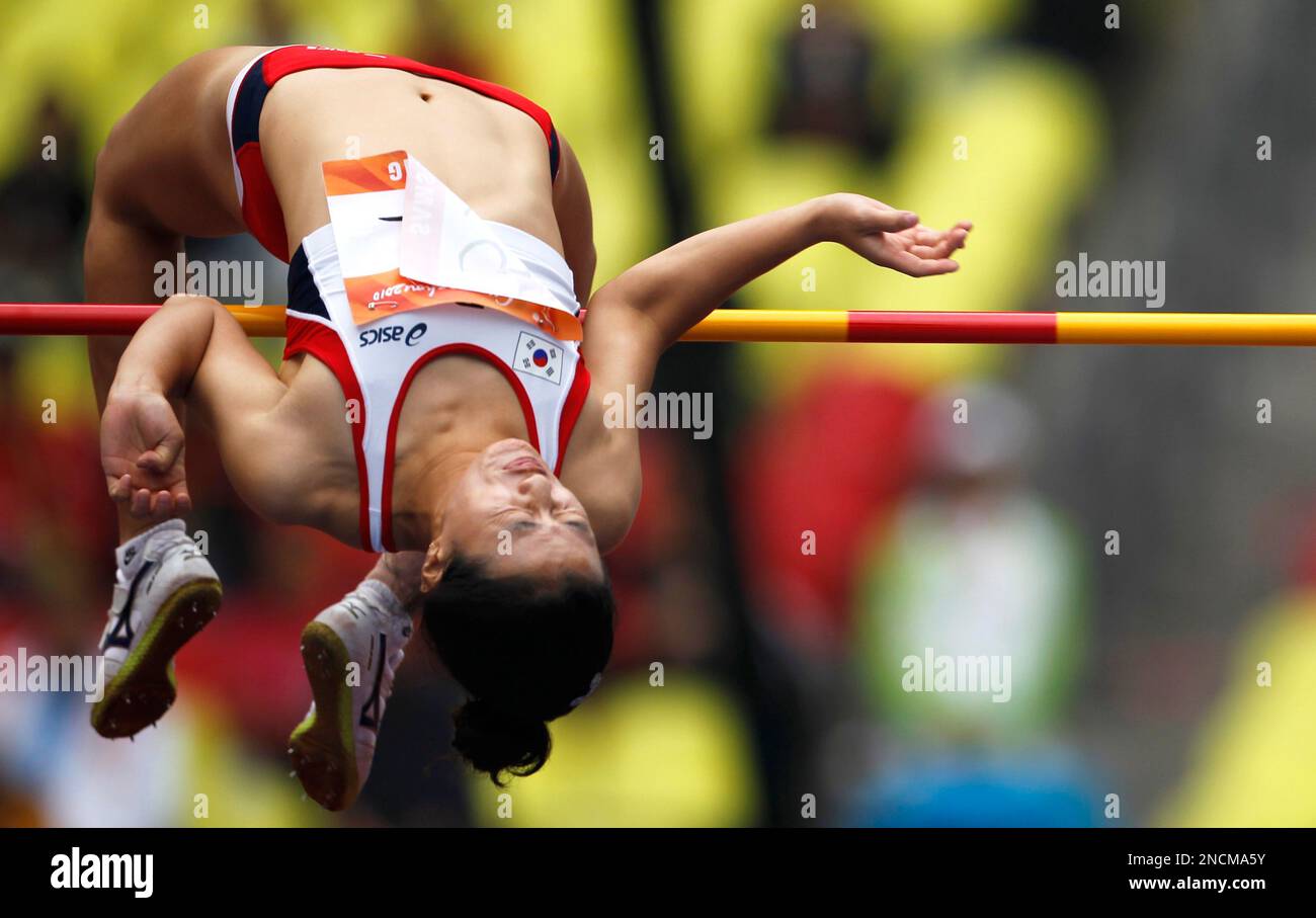 South Korea's Lee Eun Im competes in the women's Heptathlon High Jump ...