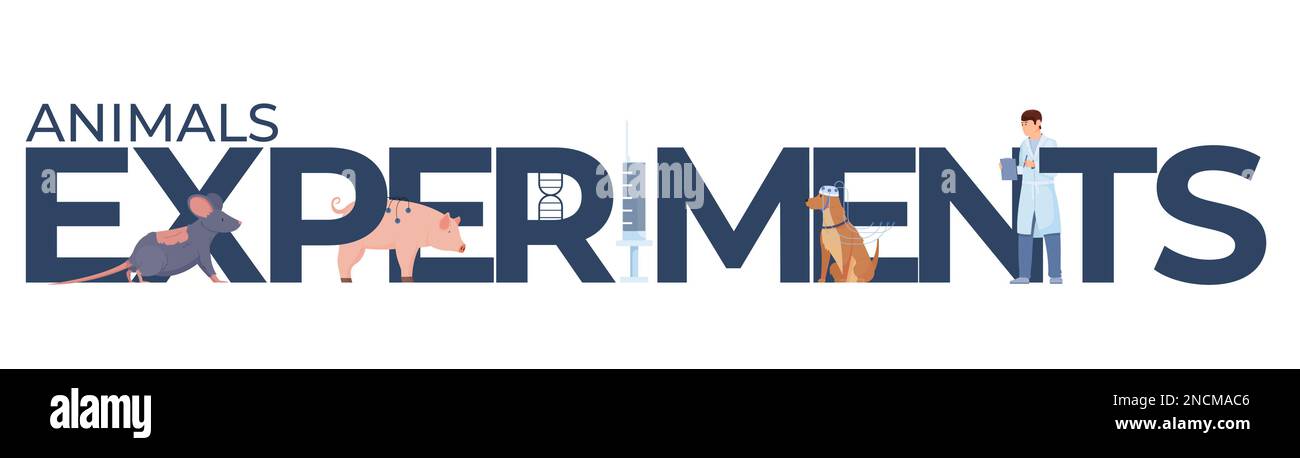 Animal experiments concept with laboratory symbols and text flat vector ...