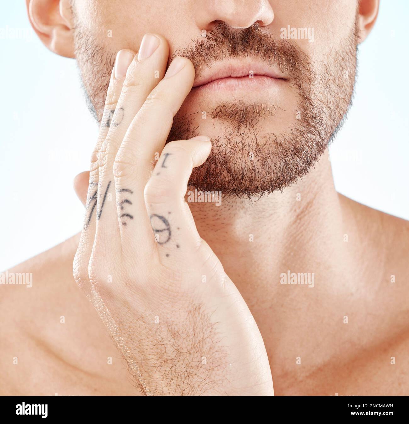 Beard, zoom and hand of a man for skincare isolated on a white ...